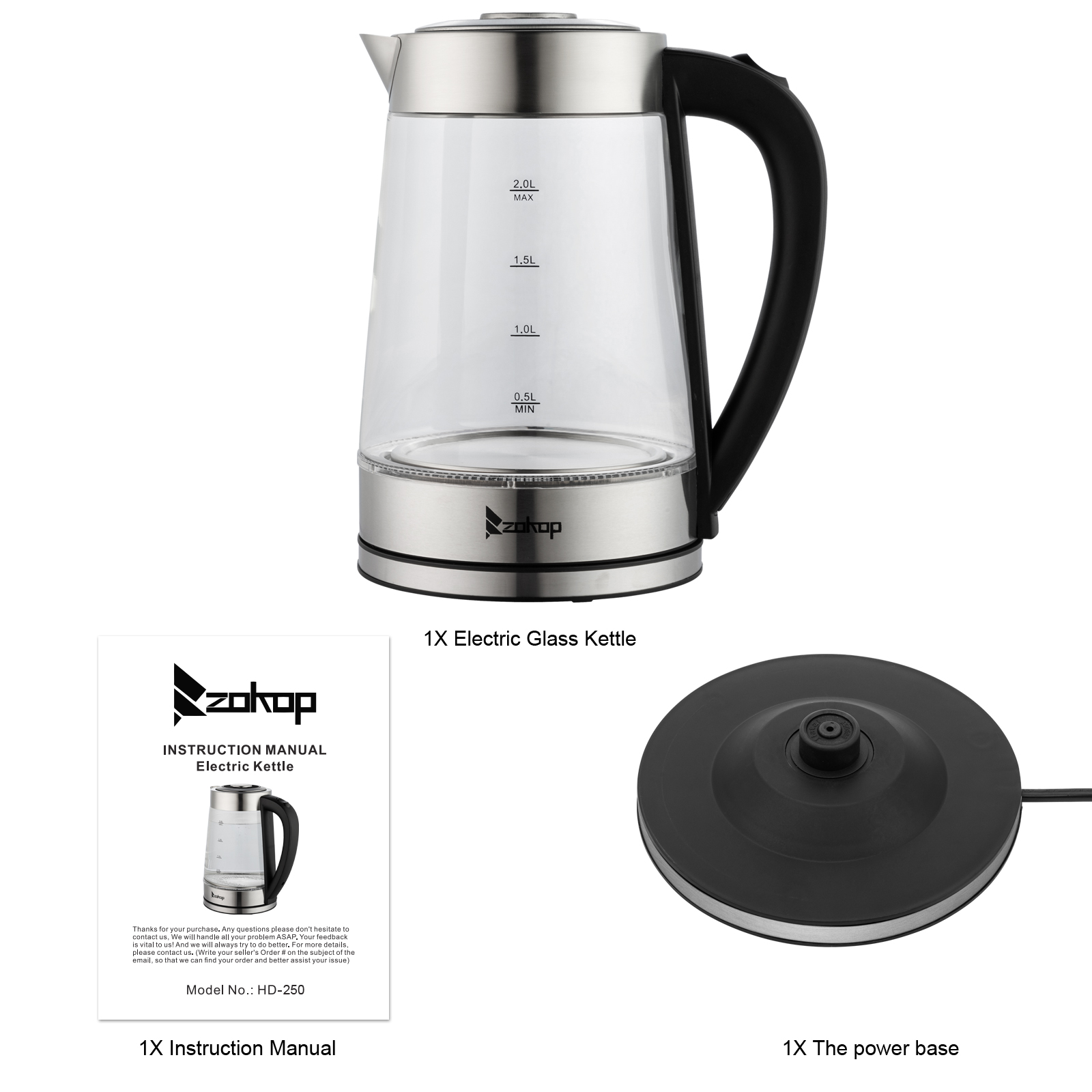 ZOKOP 2000W Illuminated Glass Kettles LED Cordless 1.8L/2L Electric Jug ...